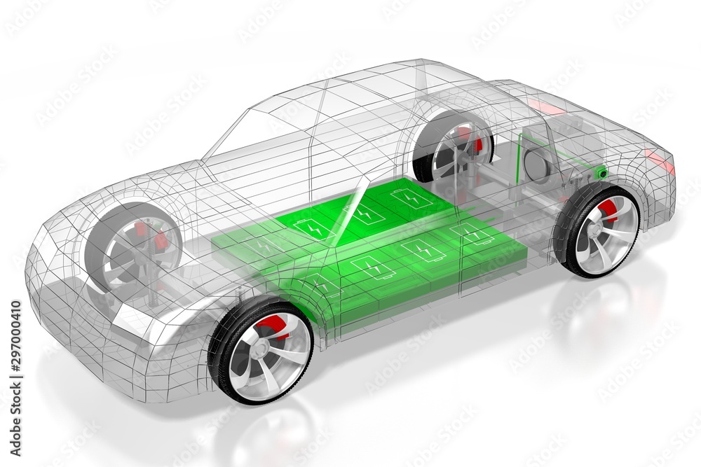 Electric car/ electric vehicle - e-mobility concept. 3D rendering Stock ...