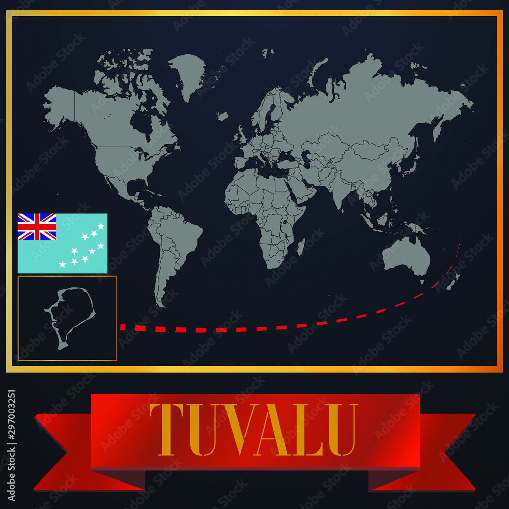 Tuvalu solid country outline silhouette, realistic globe world map ...