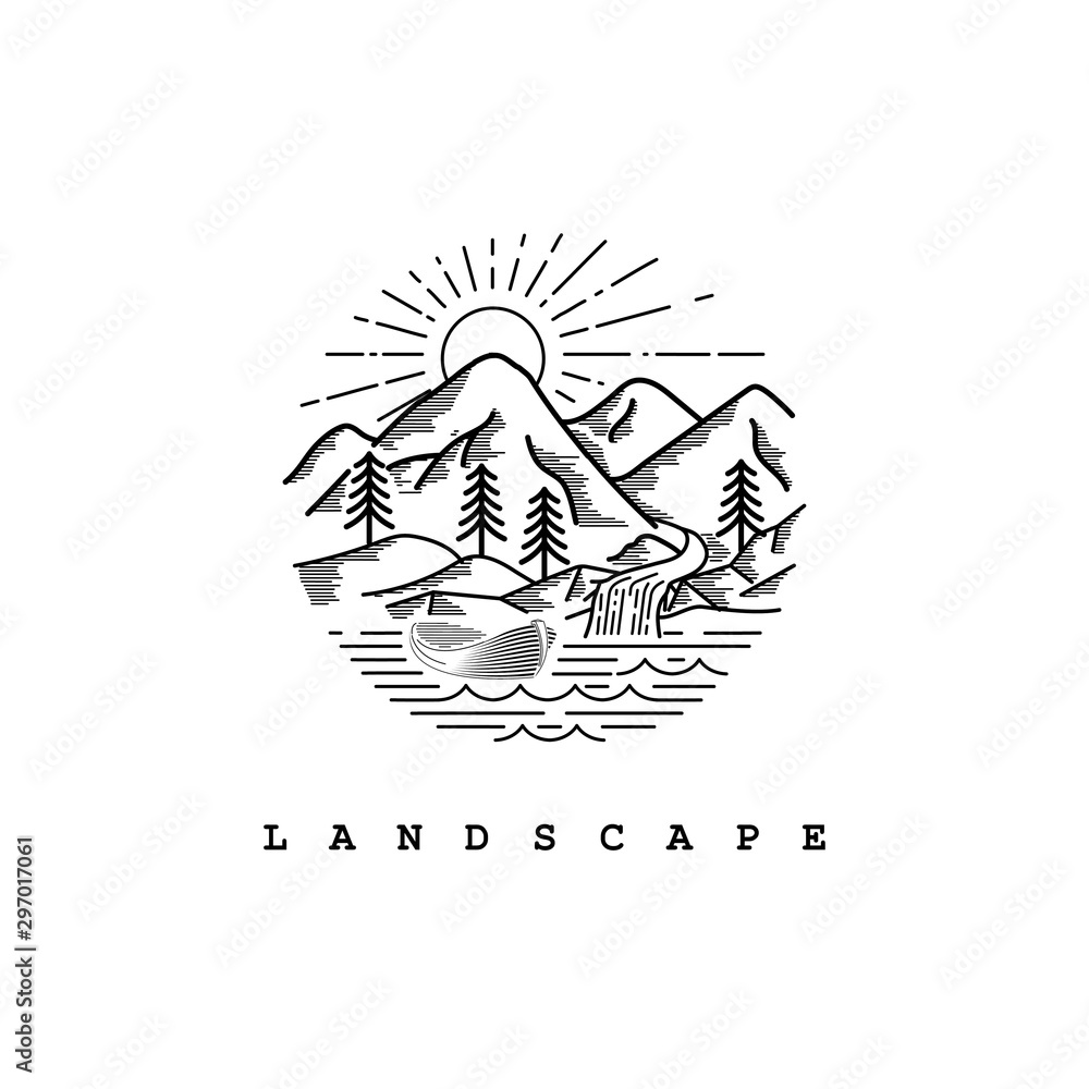 Nature view illustration with line art style logo design template Stock ...