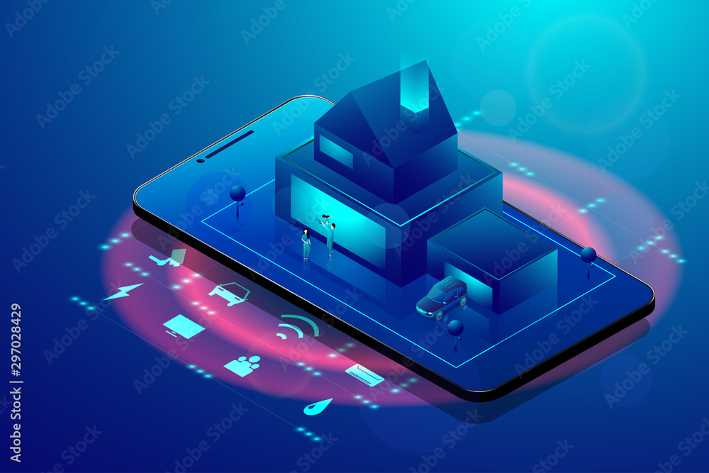 Vettoriale Stock Smart home technology concept. Isometric smartphone ...