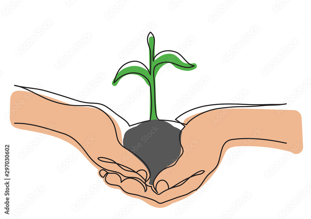 continuous line drawing of hands holding growing plant Stock Vector ...