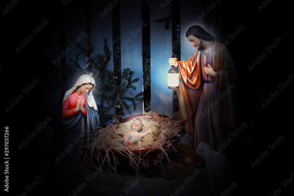 Nativity scene with Joseph, Mary, and the Baby Jesus in a manger. Stock ...