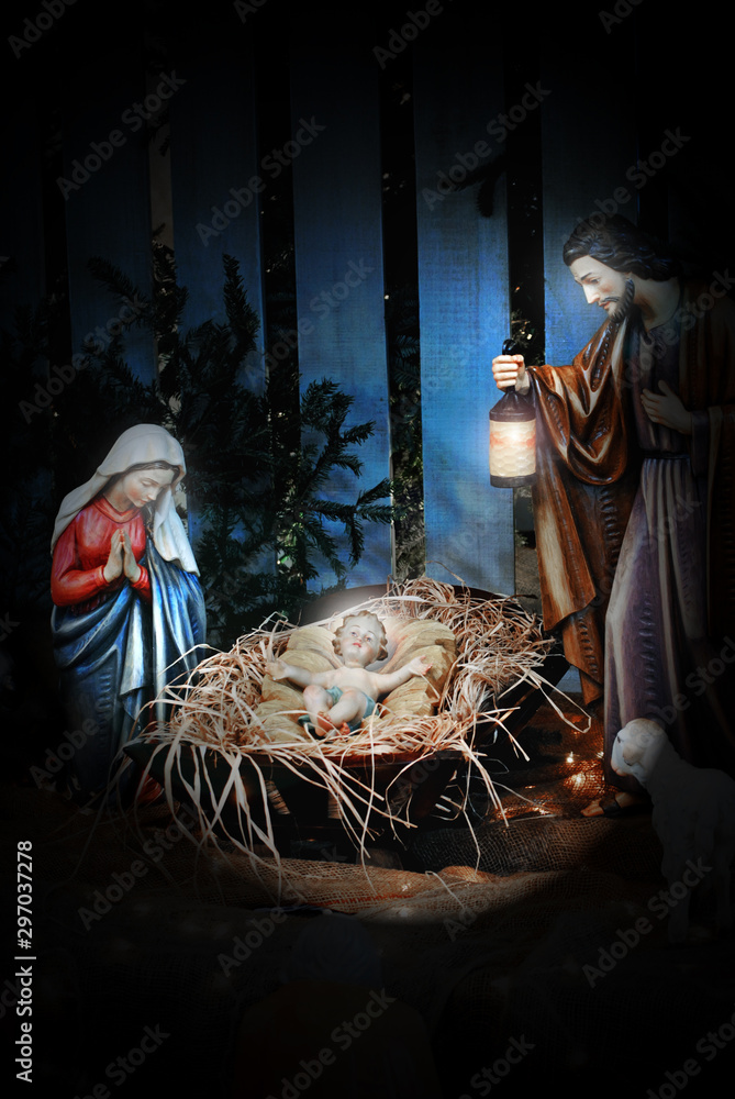 Nativity scene with Joseph, Mary, and the Baby Jesus in a manger. Stock ...