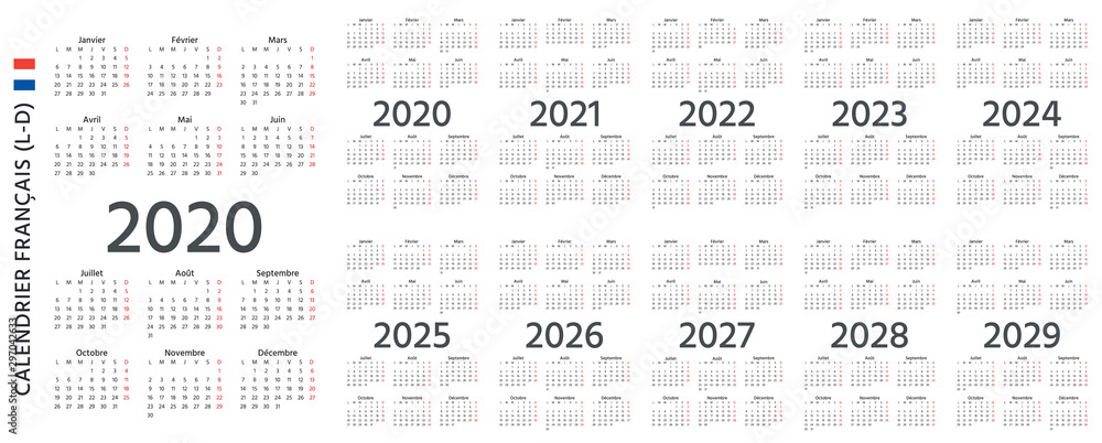 French Calendar 2020, 2021, 2022, 2023, 2024, 2025, 2026, 2027, 2028 ...