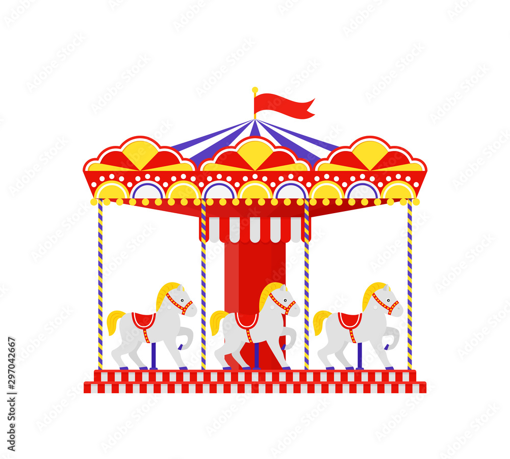 Carousel horse. Merry go round. Vector. Vintage amusement park carrousel. Funfair ride flat icon ...