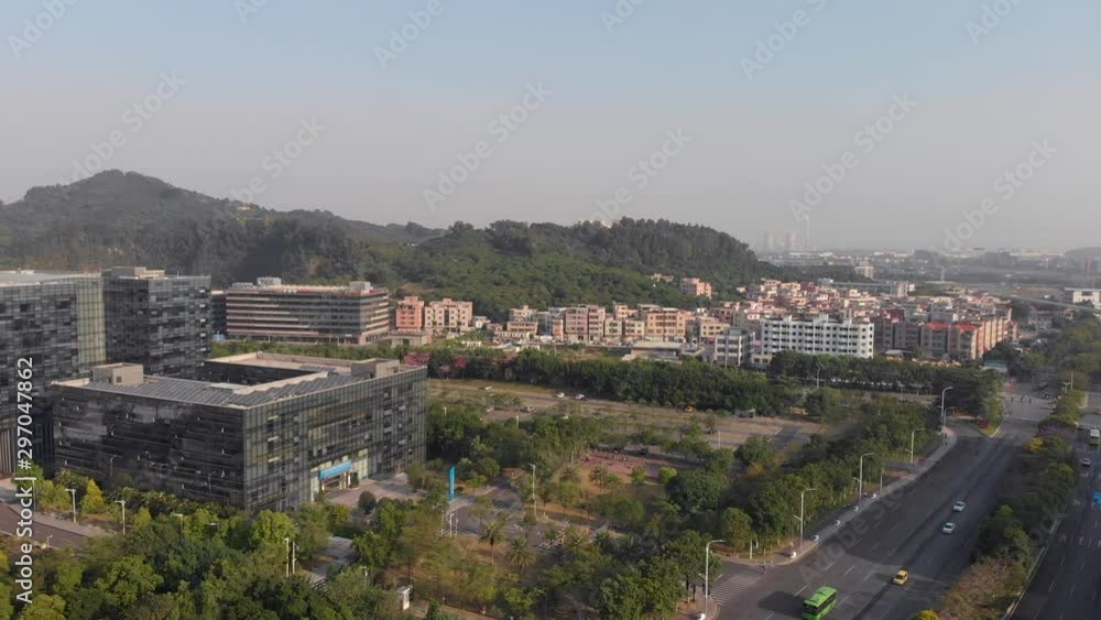 Dawn in the suburbs of the metropolis. The dense area with dense ...