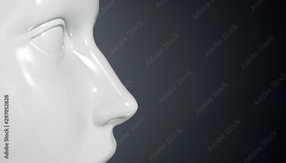 The white face of a mannequin on a dark background at close range. The ...