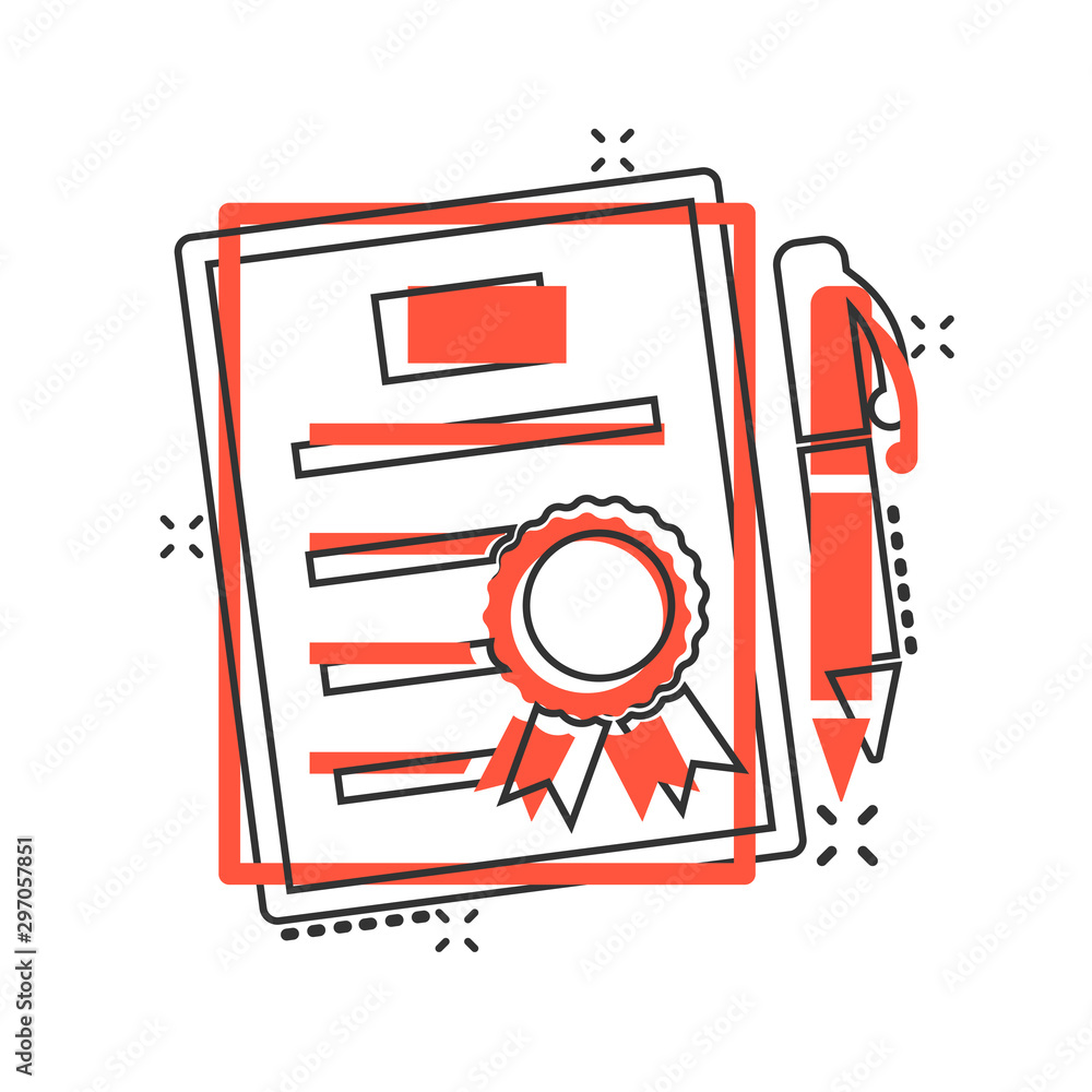Contract agreement icon in comic style. Document sheet with pen vector ...