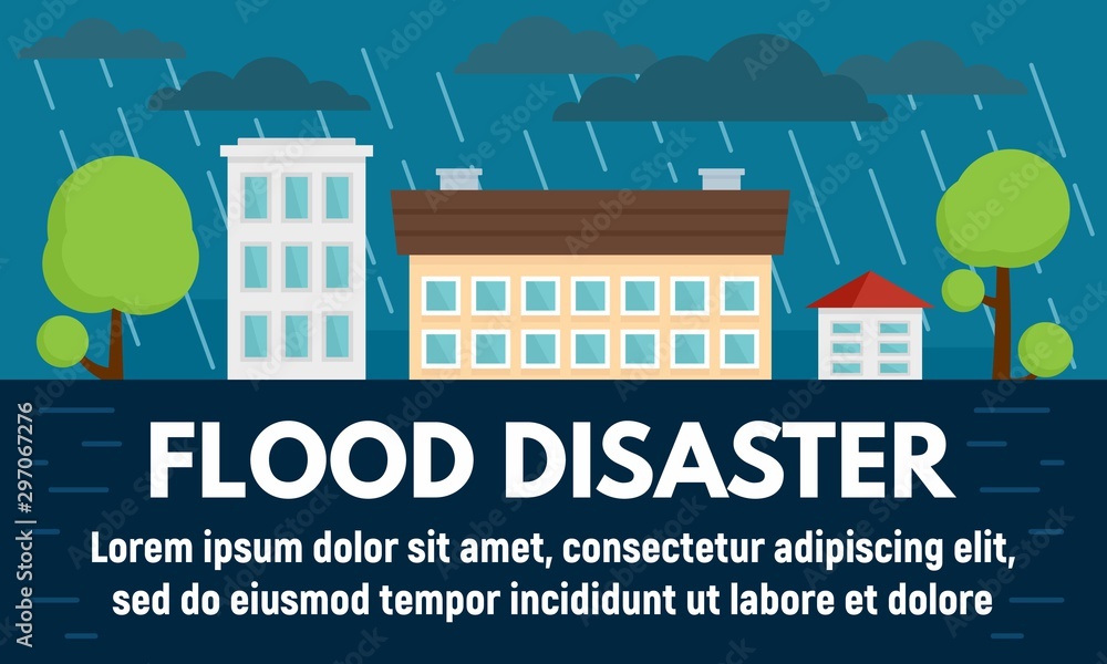 City flood disaster concept banner. Flat illustration of city flood ...
