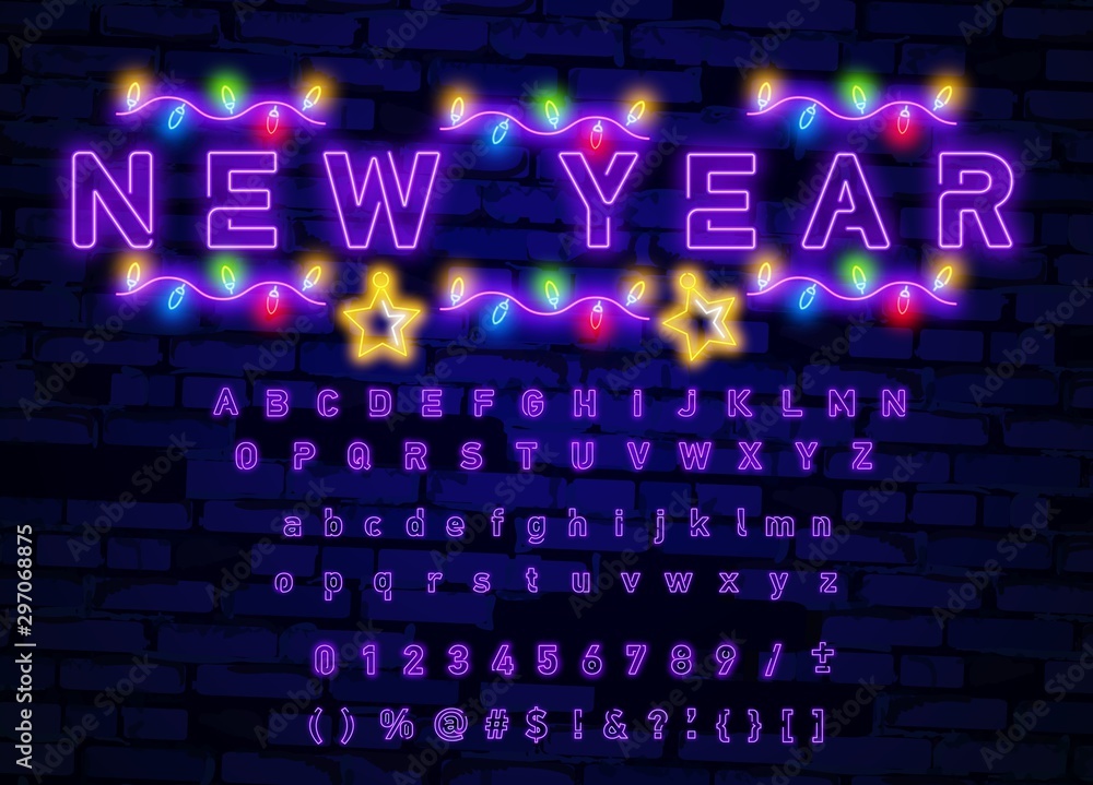 Purple Neon Alphabet Font. Light effect letters, numbers and symbols on ...