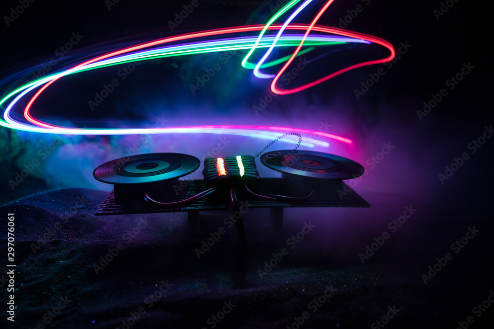 Dj club concept. Creative artwork decoration of dj table on dark toned ...