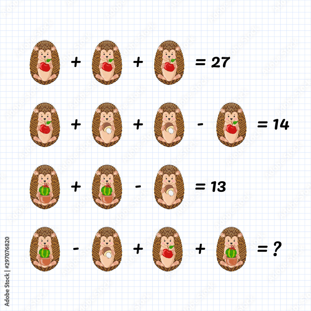 Mathematical Addition Subtraction Puzzle with hedgehogs. System of ...
