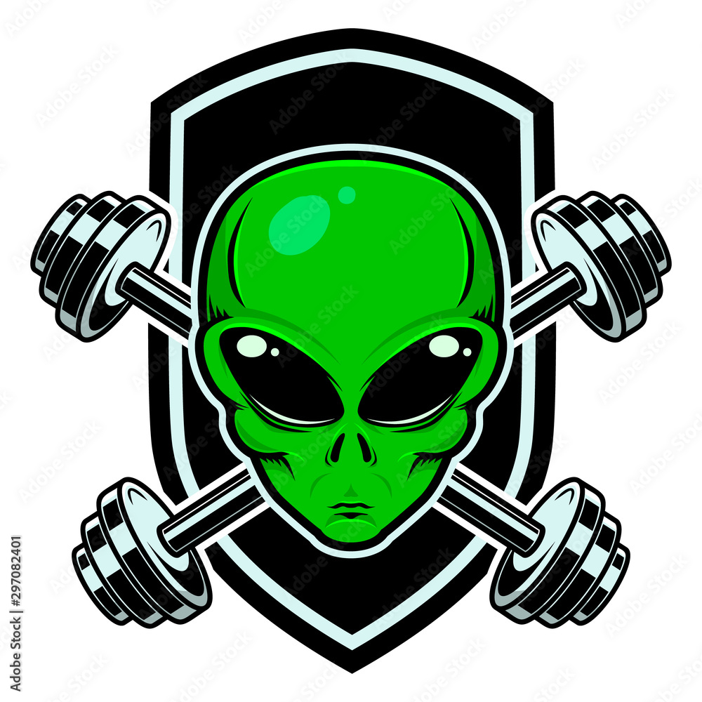Sport emblem with alien head and crossed barbells. Design element for ...