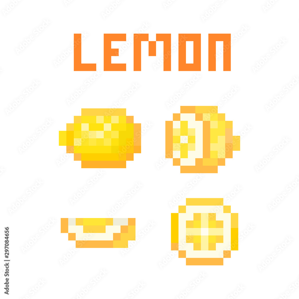 Set of 4 pixel art yellow lemons (uncut, cut in half, sliced) isolated ...