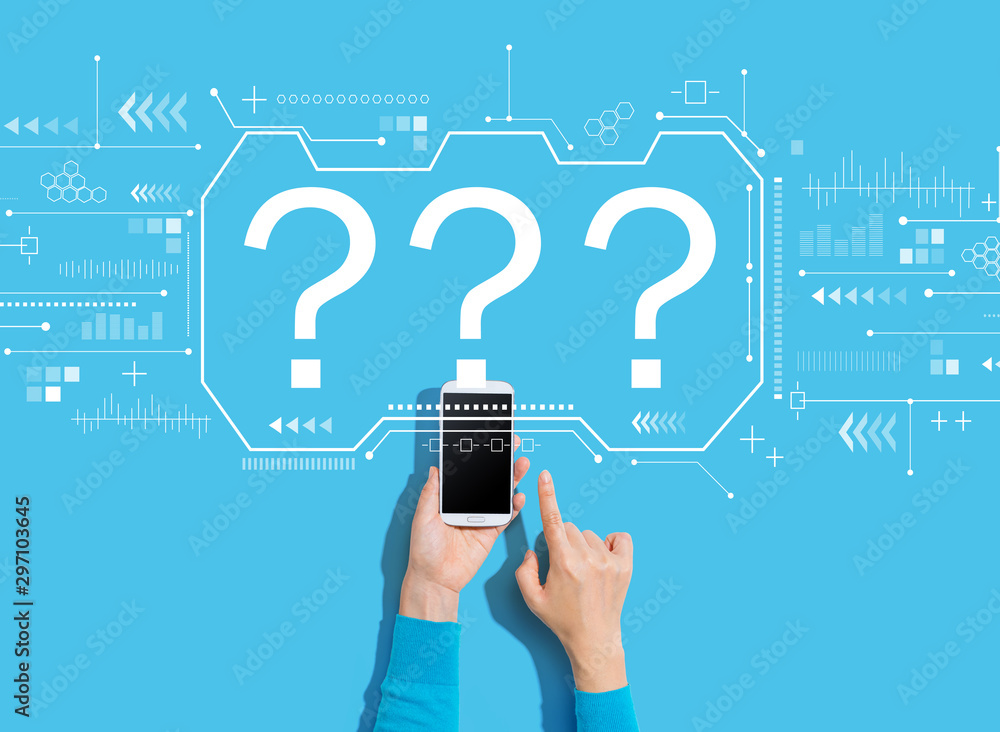 Question marks with person using a white smartphone Stock Photo | Adobe ...