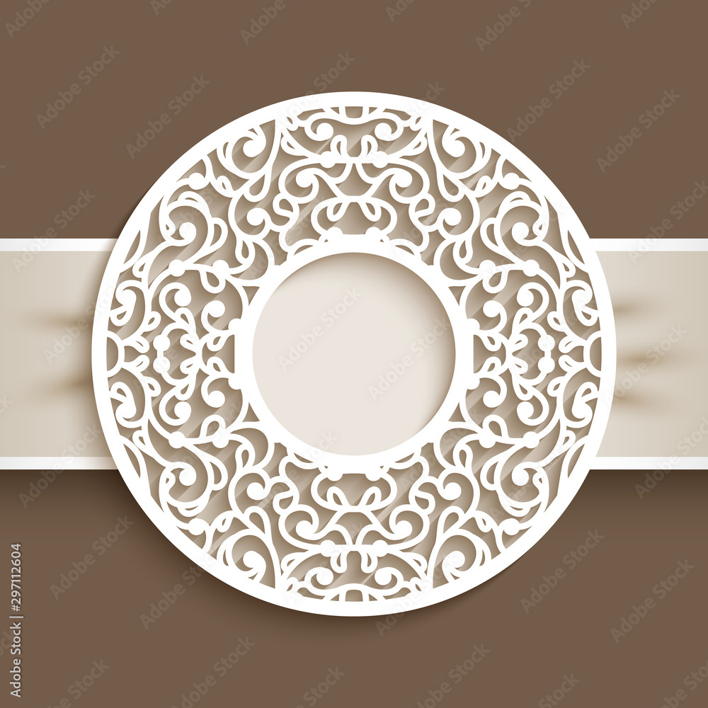Round frame with lace border pattern, ornamental label with ribbon ...