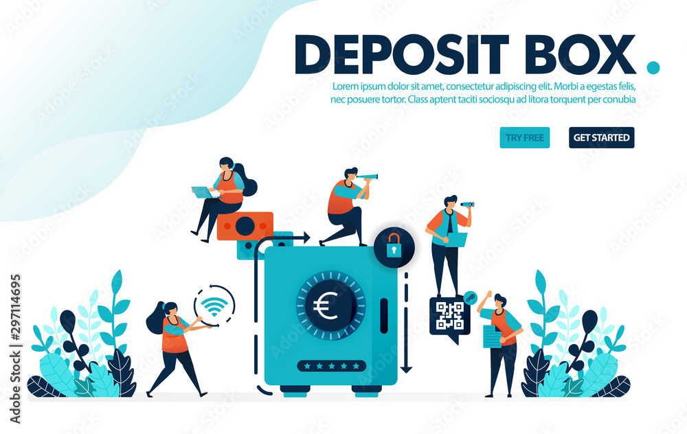 Vector illustration concept of safe deposit box. People secure and save ...