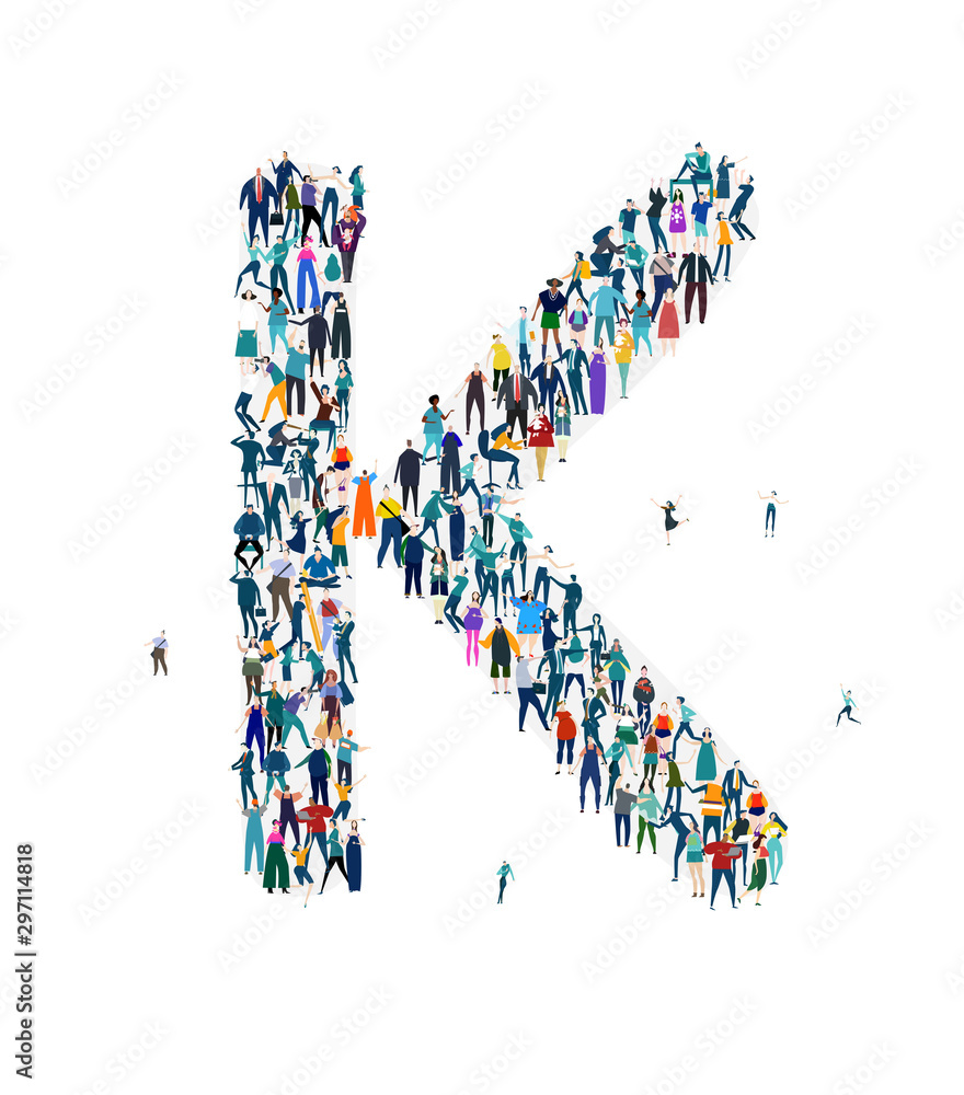 Alphabet, typeface, letter K. Large group of business people, workers ...