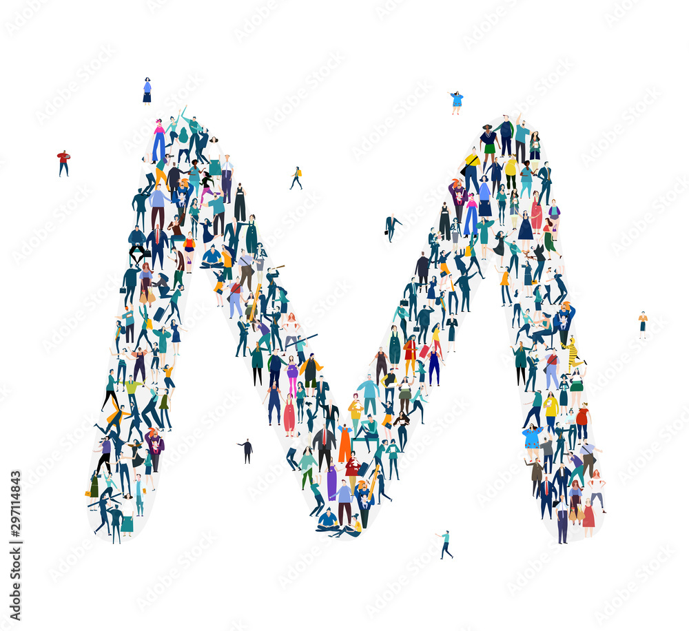 Alphabet, typeface, letter M. Large group of business people, workers ...