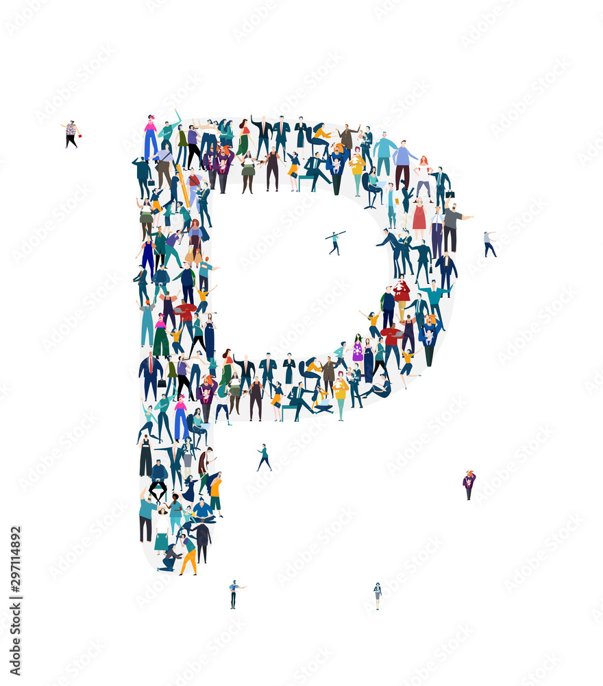 Alphabet, typeface, letter P. Large group of business people, workers ...