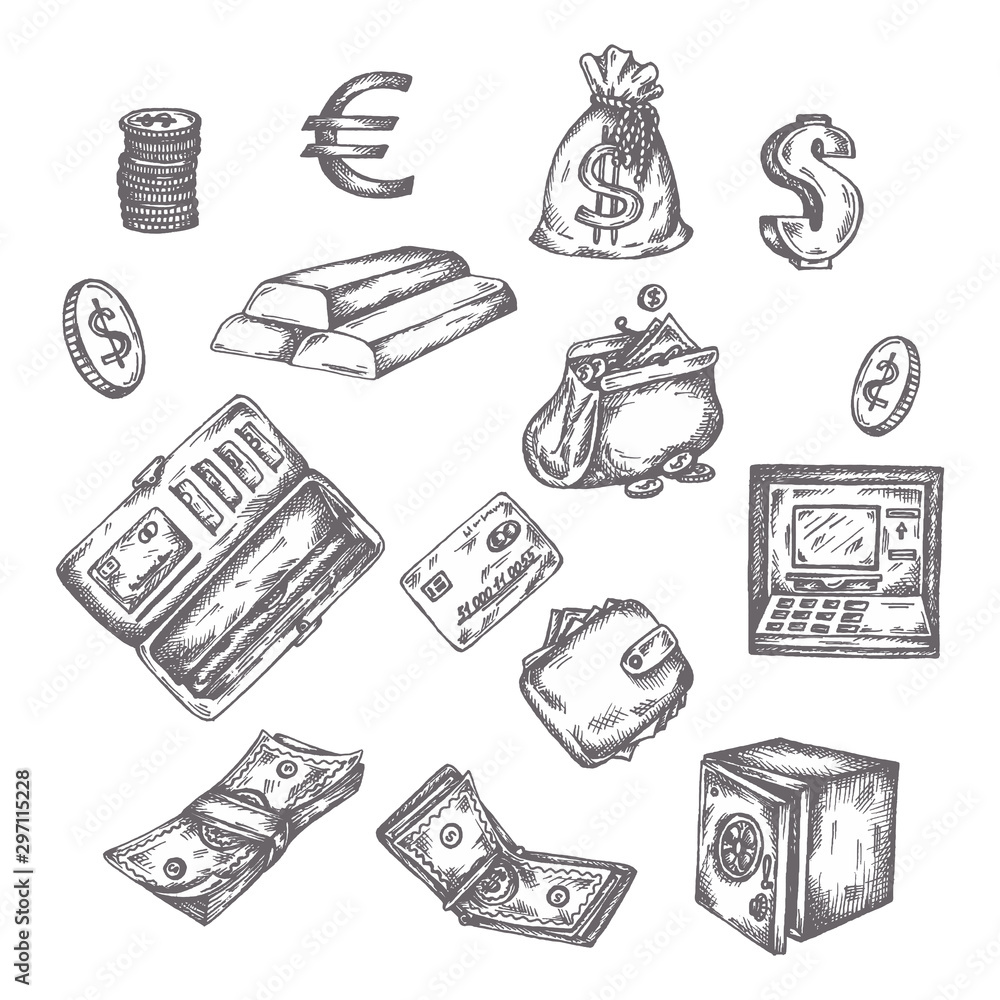 Finance, money set. Hand drawn finance vector sketch icons. Bank ...