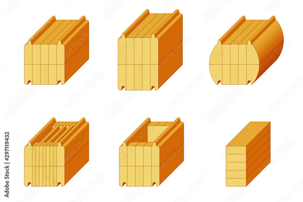 Set of isometric icons for types of timbers. Various wooden materials ...