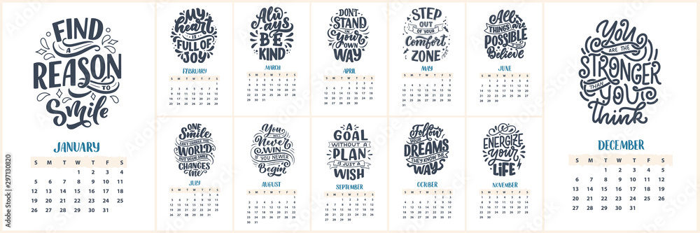 Modern typography lettering compositions. 2020 calendar with funny ...
