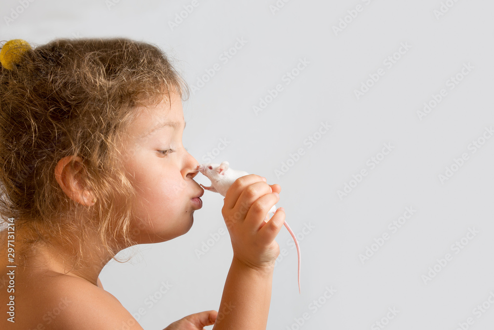 Cute young girl with blond curly hair kisses a white mouse, holding it ...