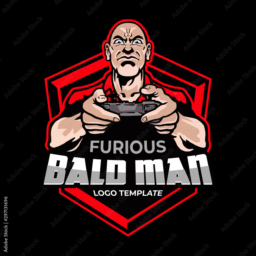 Furious Bald Man gamer Holding Joystick in Anger Esport Logo Template ...