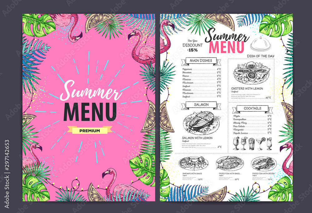Restaurant summer menu design with tropic leaves and cocktails. Fast ...