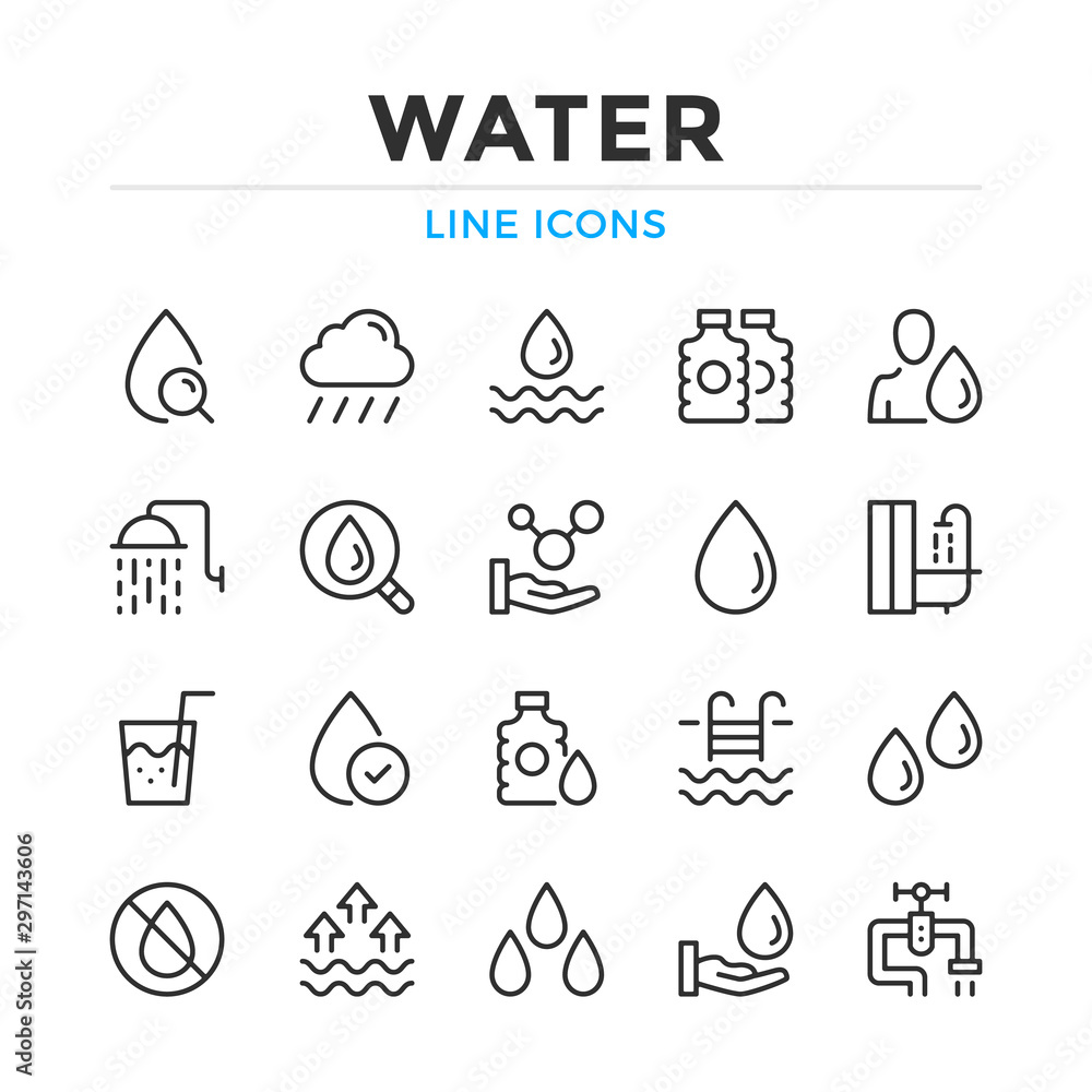 Water line icons set. Modern outline elements, graphic design concepts ...