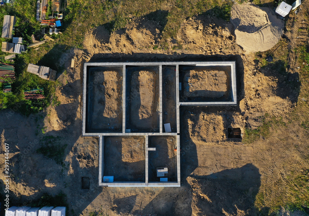 Aerial drone top down view on construction site with reinforced ...