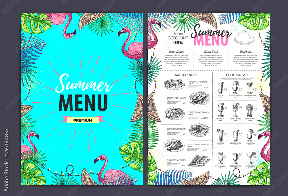 Restaurant summer menu design with tropic leaves and cocktails. Fast ...