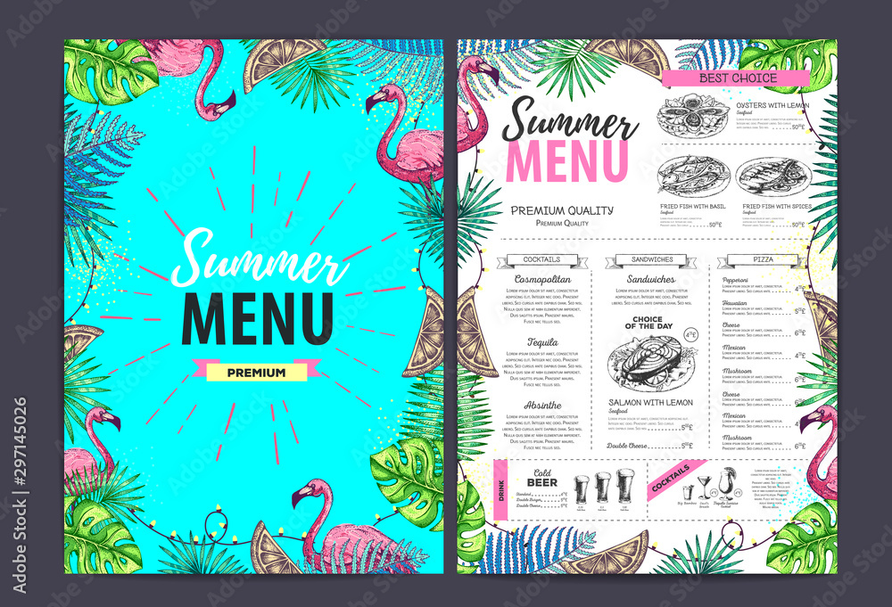 Restaurant summer menu design with tropic leaves and cocktails. Fast ...