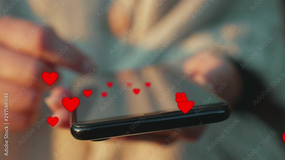Woman hand browse or create popular content on smartphone screen, likes ...