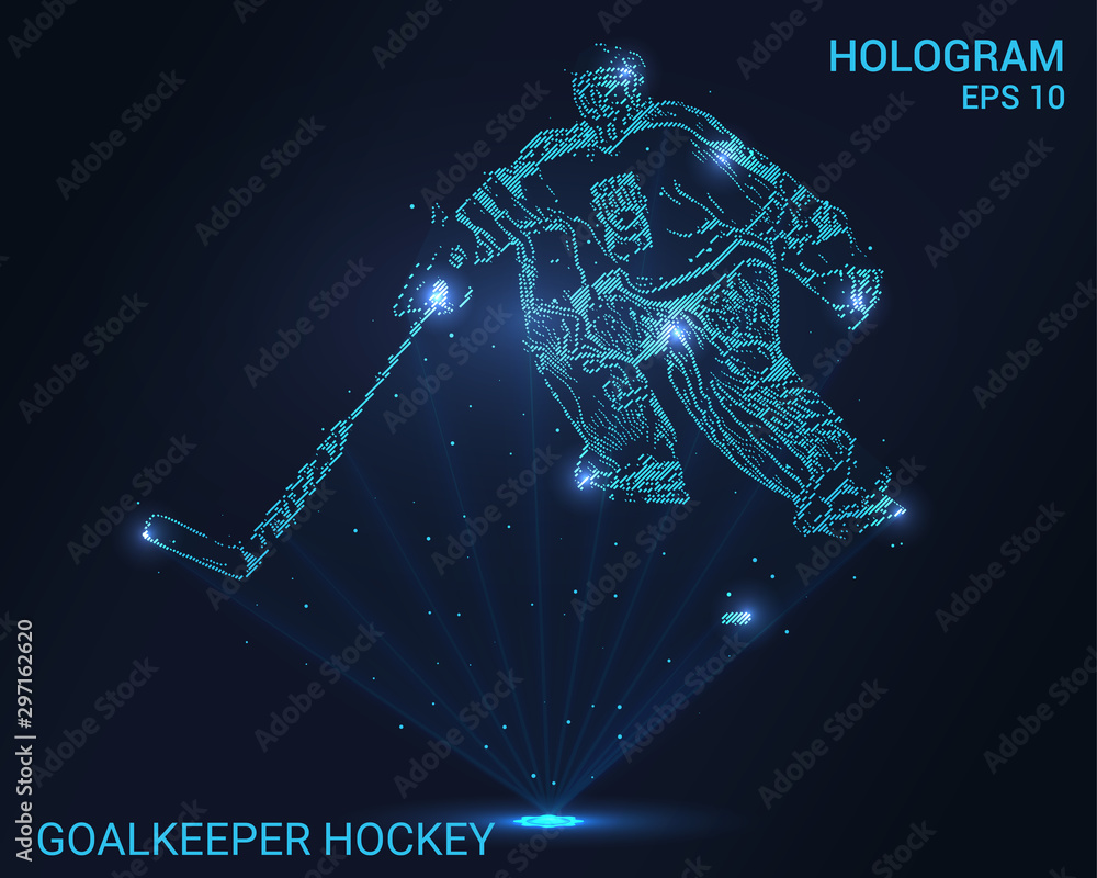 Hologram goalkeeper. Holographic projection hockey goalie. Flickering ...