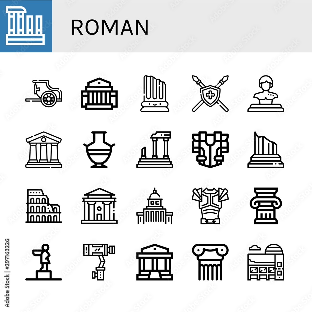 Set of roman icons such as Evora, Chariot, Museum, Column, Spear ...