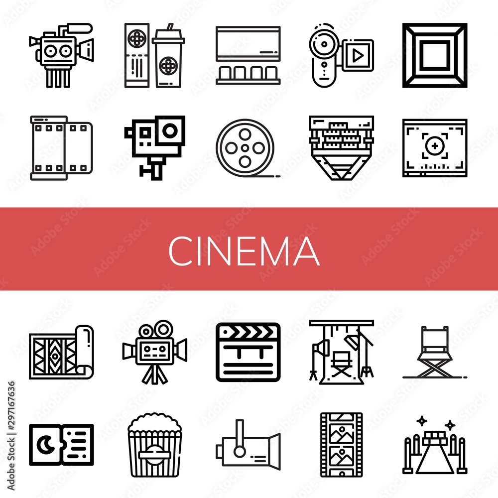 Set of cinema icons such as Cinema camera, Film, Ticket, Action camera ...