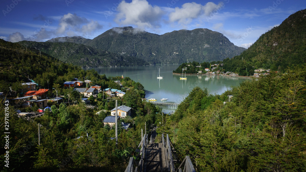 Beautiful panoramic view of the city of Caleta Tortel in Patagonia ...
