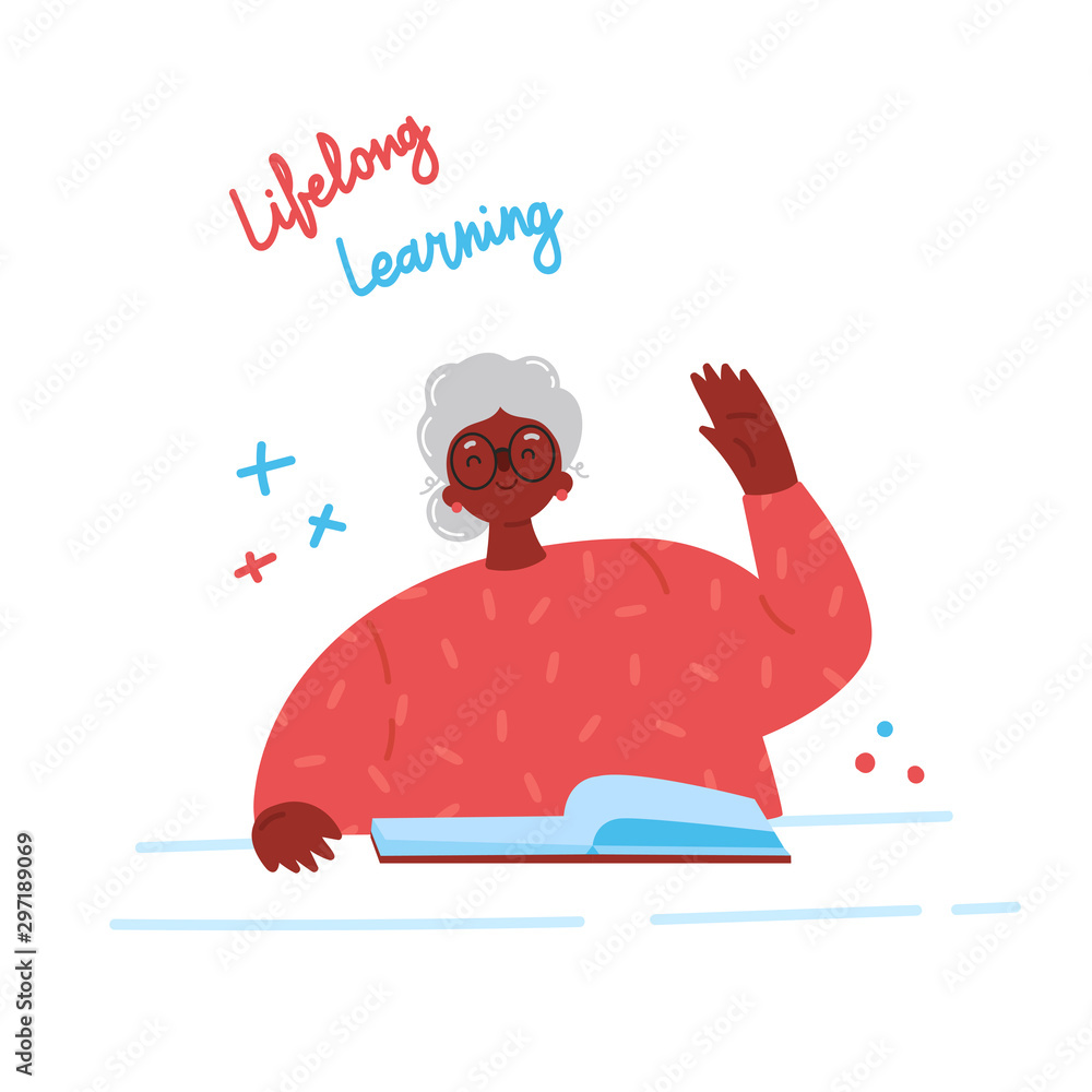 Lifelong learning, senior education.Older woman studying with a book ...