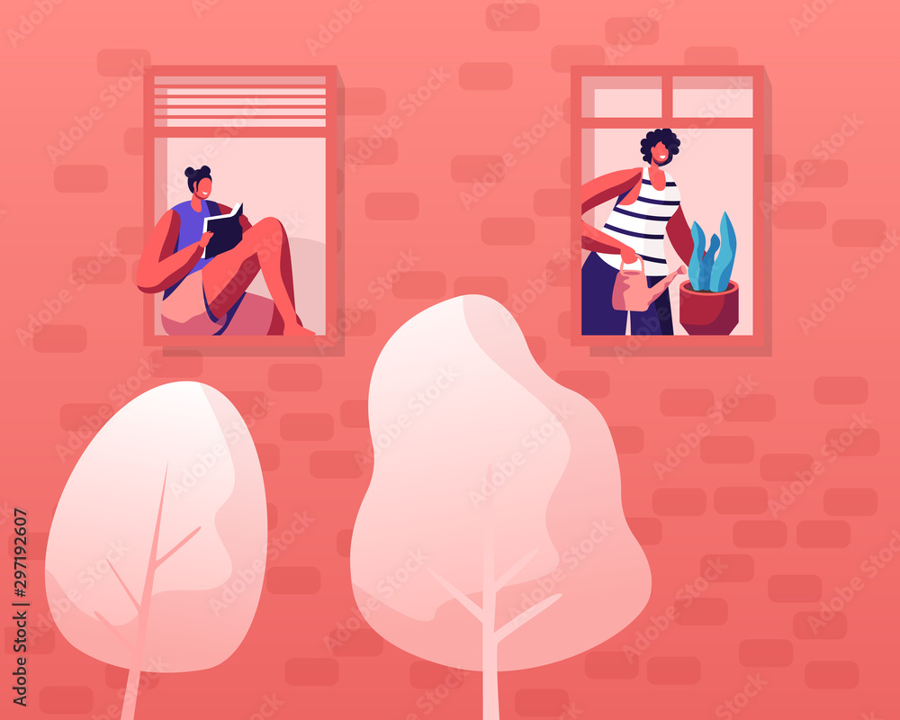 People Living Behaviour, Neighborhood Concept. Facade of Building with ...