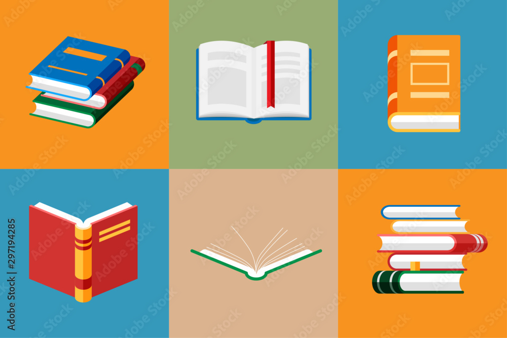 Set of book icons in flat style isolated. Opened notebook and diary ...