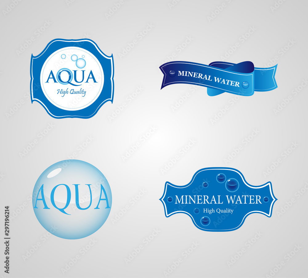 Aqua Mineral Water Label And Logo Sticker. Vector Set Isolated On Gray ...