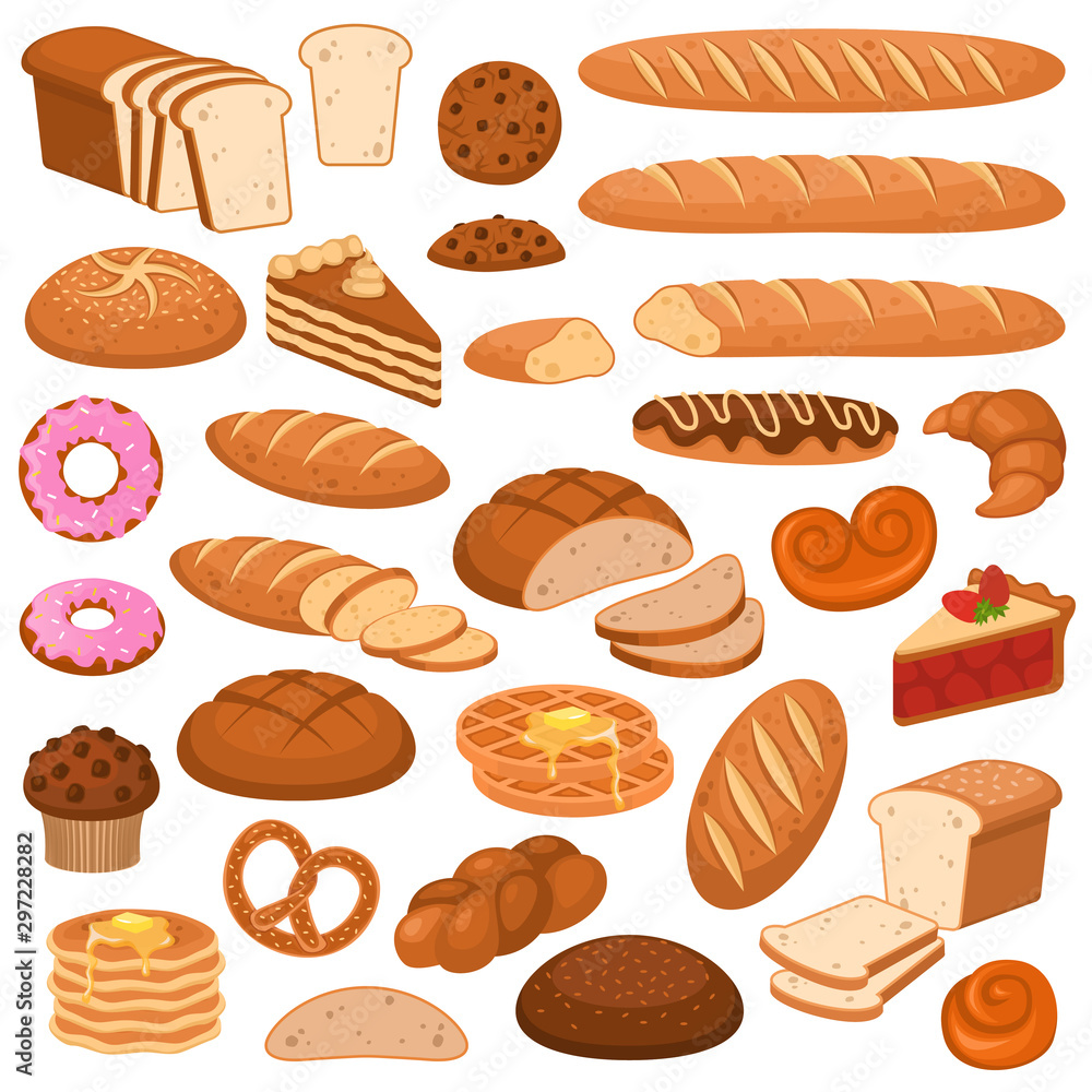 Cartoon bread and cakes. Bakery wheat products, rye breads. Baguette ...