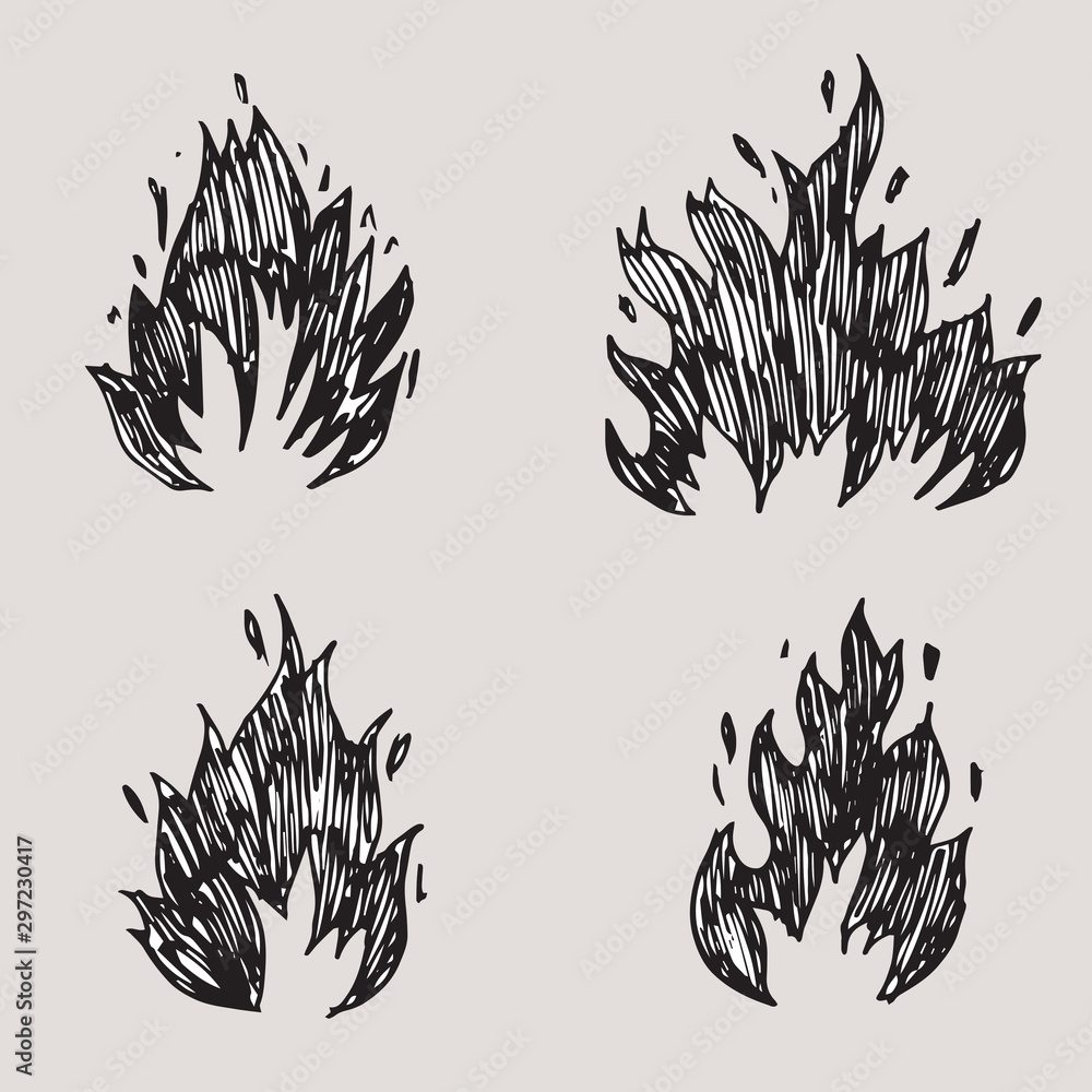 Set of hand drawn fire and fireball .Doodle Sketch Fire. vector ...