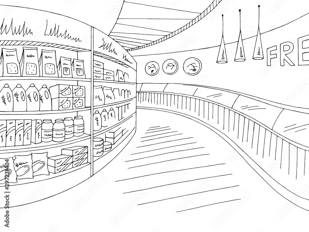 Grocery store shop interior black white graphic sketch illustration ...