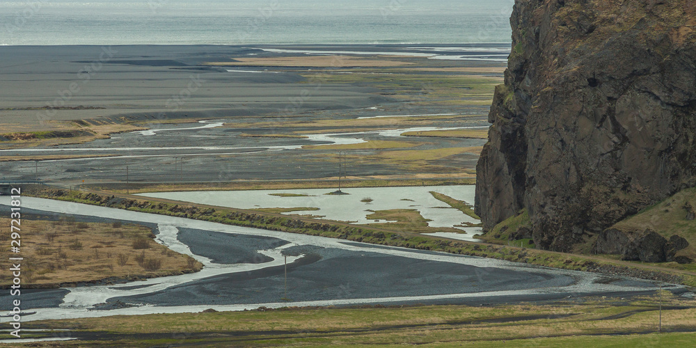 An outwash plain Mýrdalssandur in Iceland built by jokulhaups of the ...