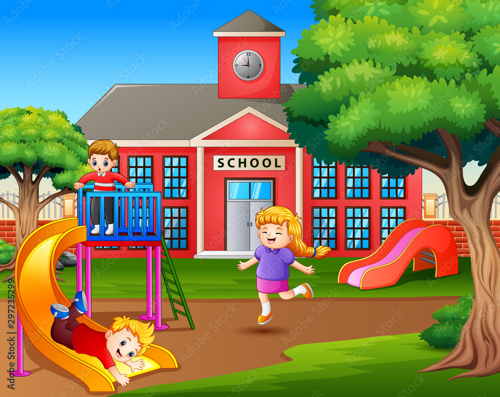Cartoon kids playing on the school playground Stock Vector | Adobe Stock