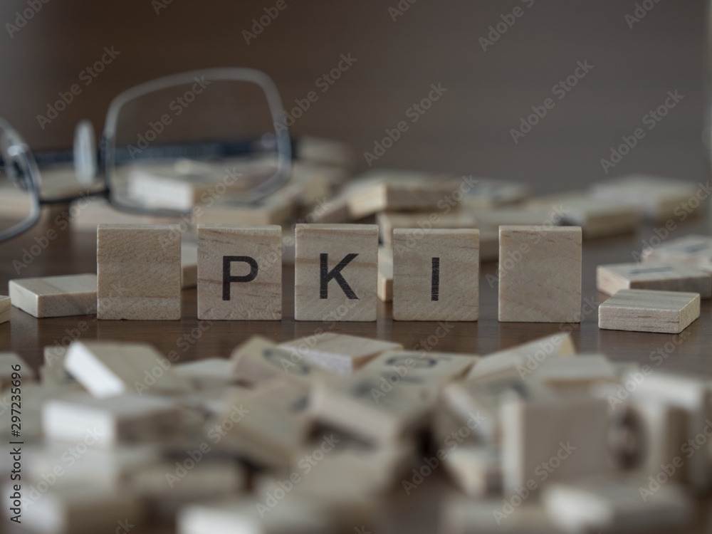 The acronym Pki of public key infrastructure represented by wooden ...
