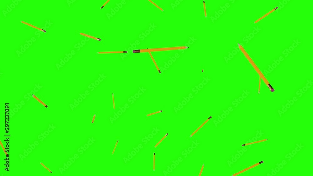 3d yellow pencils falling on green screen. Pencils with eraser on ...